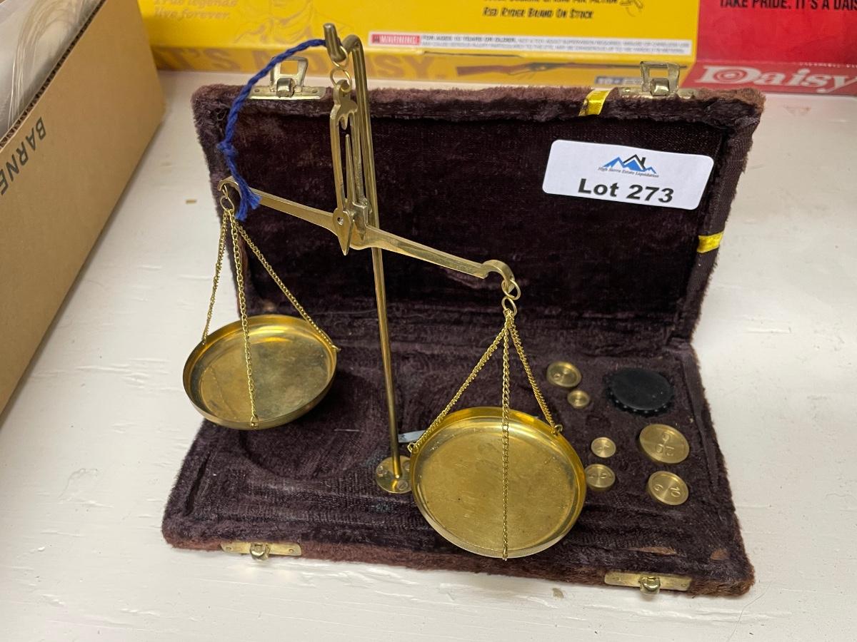 Small Brass Scale & weights in felt lined box | EstateSales.org