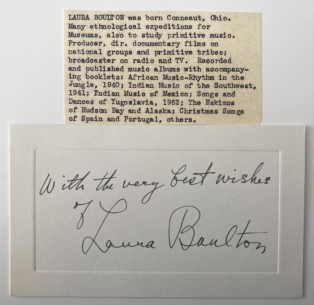 Ethnomusicologist Laura Boulton signed note and bio | EstateSales.org