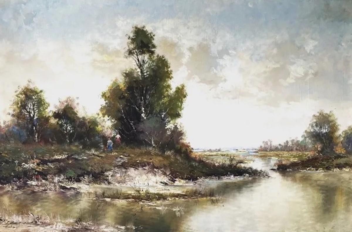 Antique Original Large O/C European River Landscape Signed Hofer ...