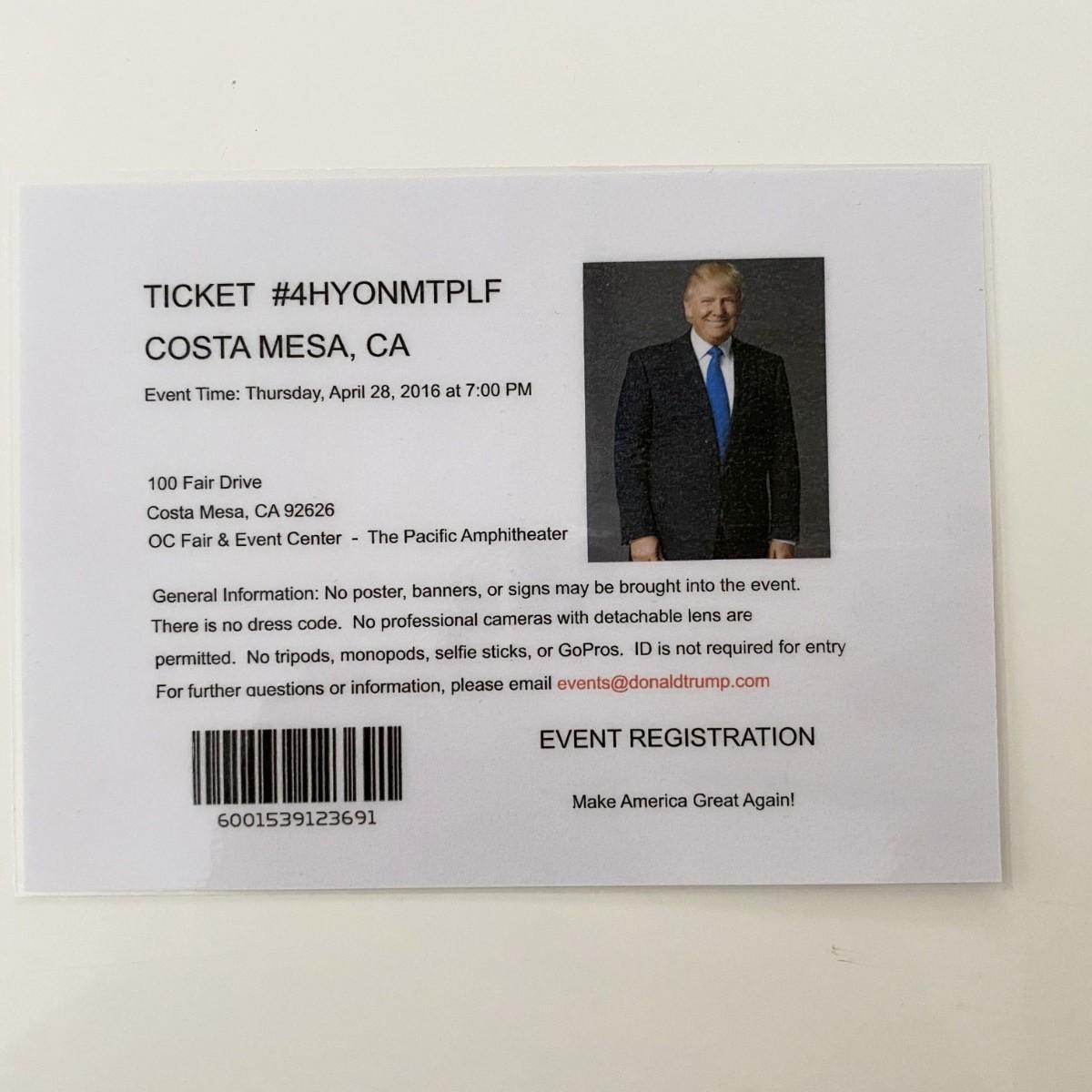 Donald Trump 2016 MAGA Rally Event Ticket- Costa Mesa | EstateSales.org