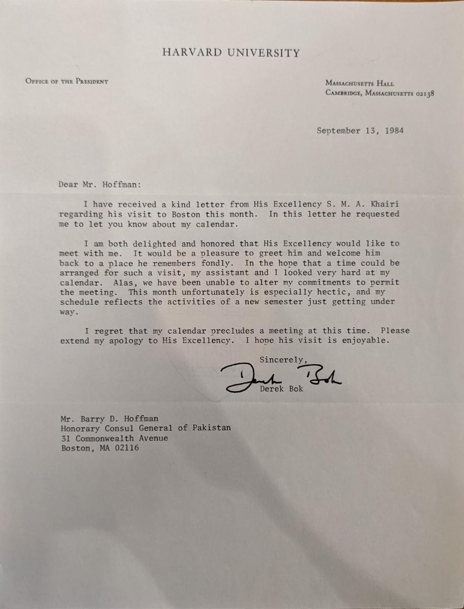 Harvard President Derek Bok Signed Letter | EstateSales.org