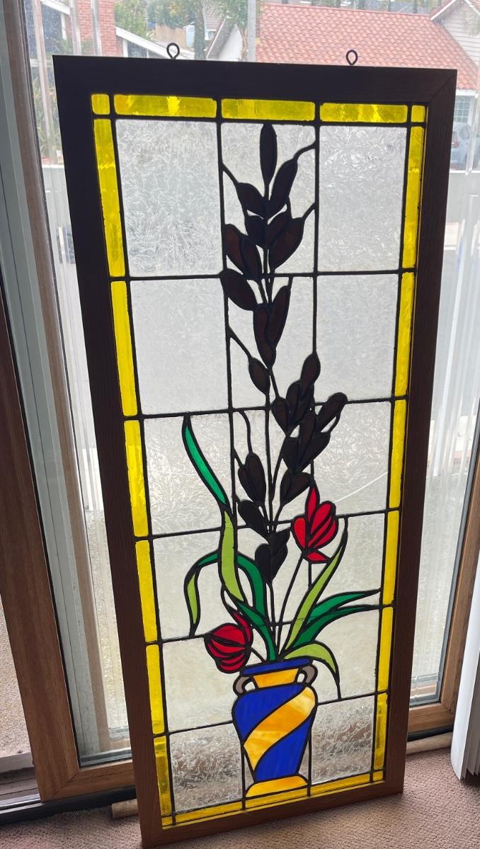 Large Hanging Stained Glass Panel: Flowering Plant in Pot | EstateSales.org