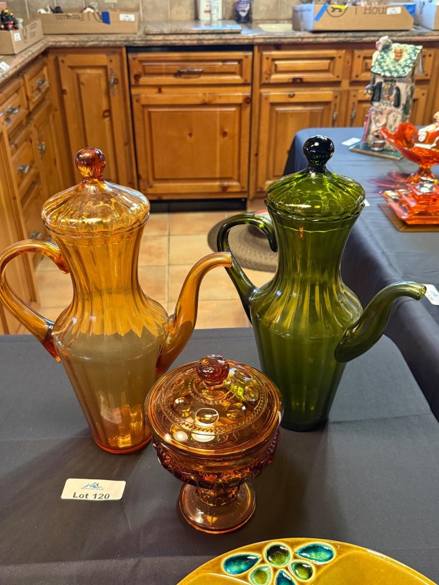 2 Vintage Glass Pitchers w/lids & Candy Dish | EstateSales.org
