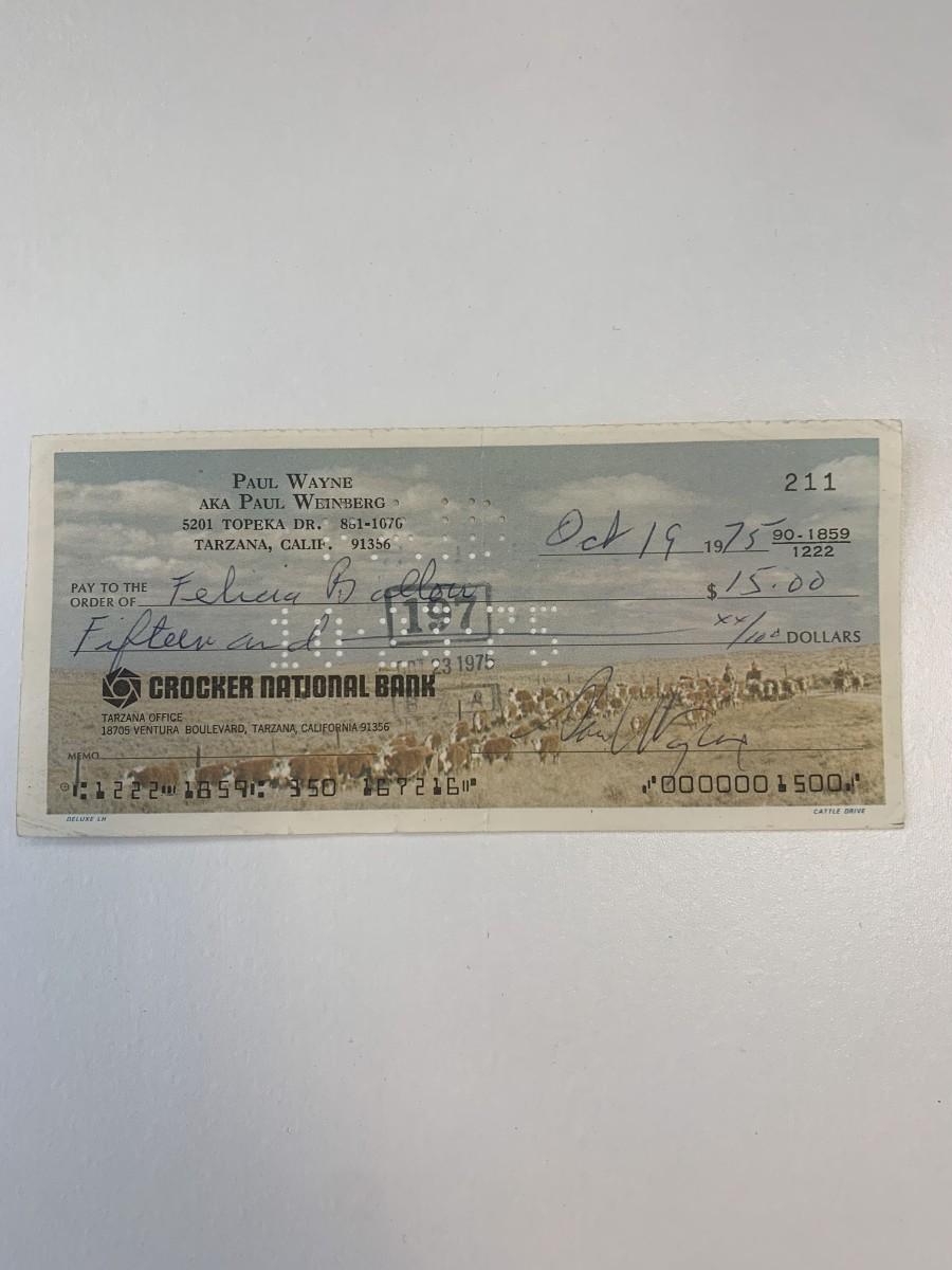 Threes Company Paul Wayne signed check | EstateSales.org