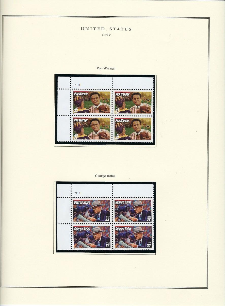 1997 US stamp collector sheet featuring Pop Warner and George Halas ...