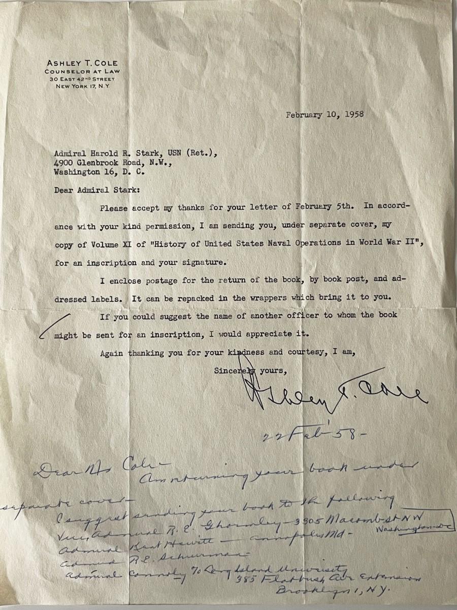 US Navy Admiral Harold R. Stark unsigned letter | EstateSales.org