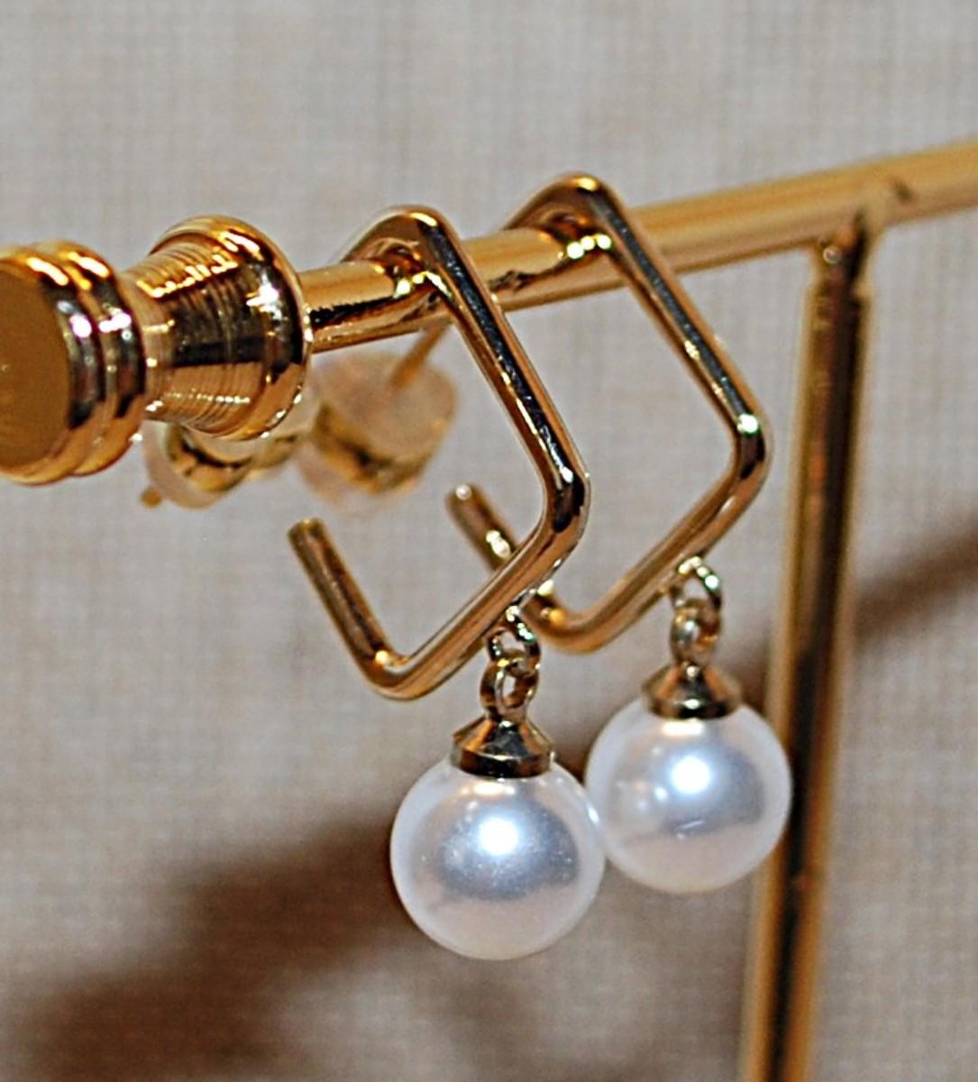 Dangling Faux Pearl & Open Square Setting Earrings (½" x ½") with a ...
