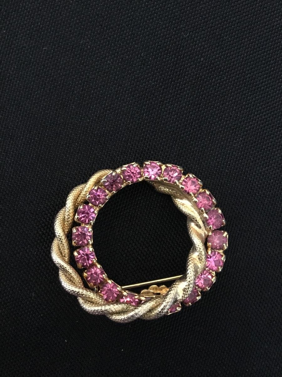 Vintage gold toned , twisted robe double circle, pink rhinestone brooch ...
