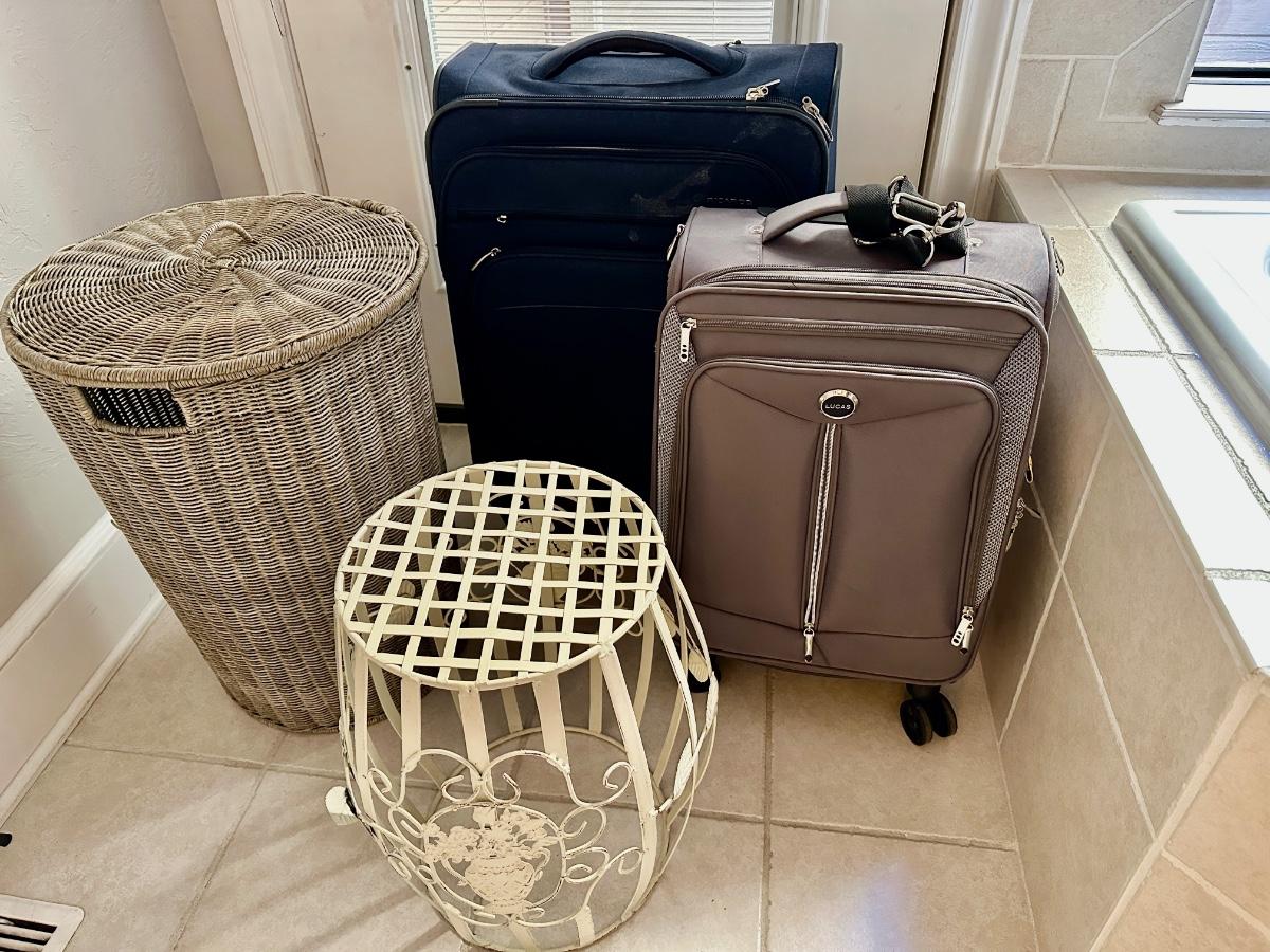 Wicker hamper, Wire Stool, 2 suitcases, | EstateSales.org