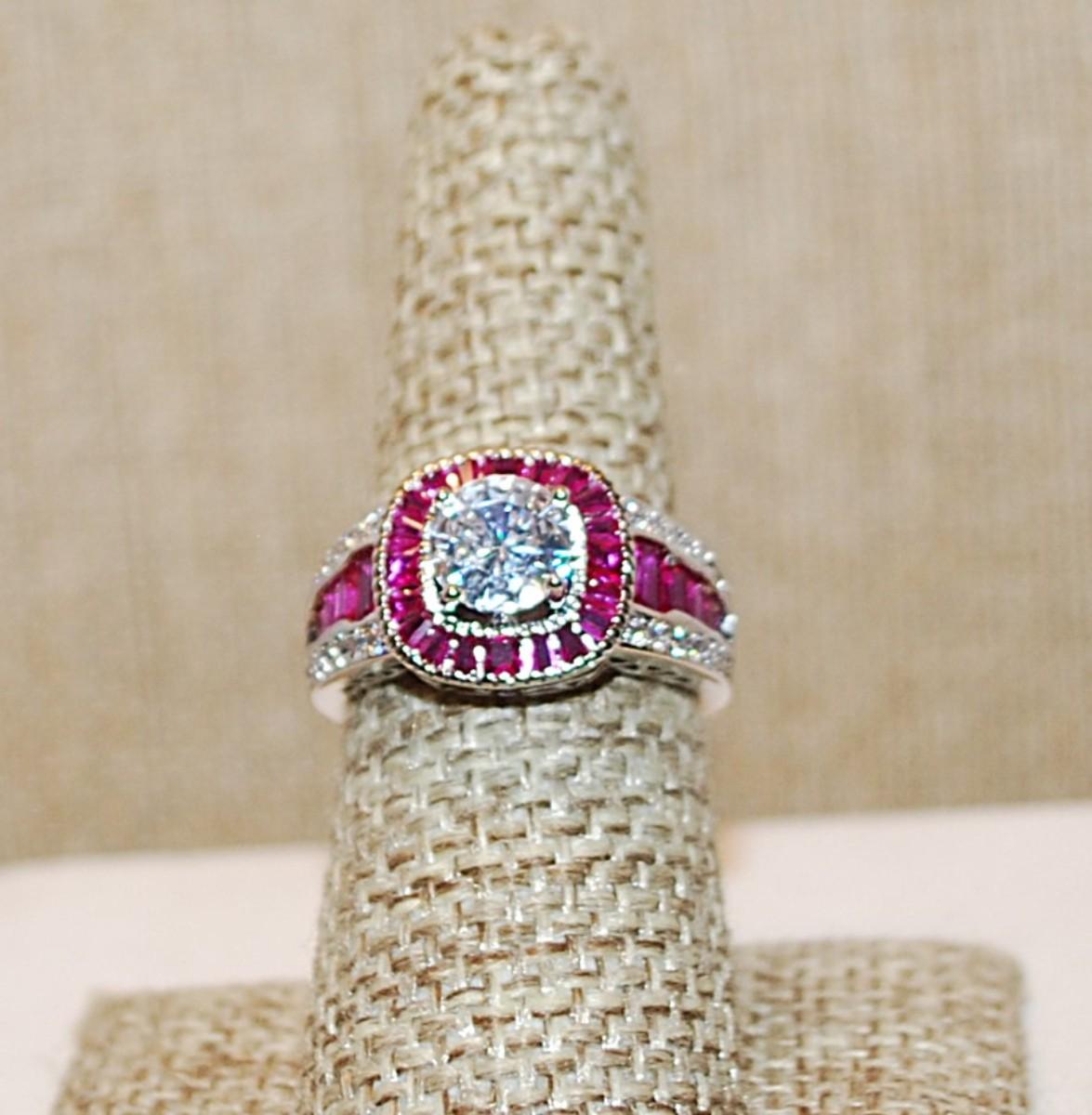 Size 7 ½ RUBY RED Border & Accents Surrounding a Clear Round Stone Ring ...