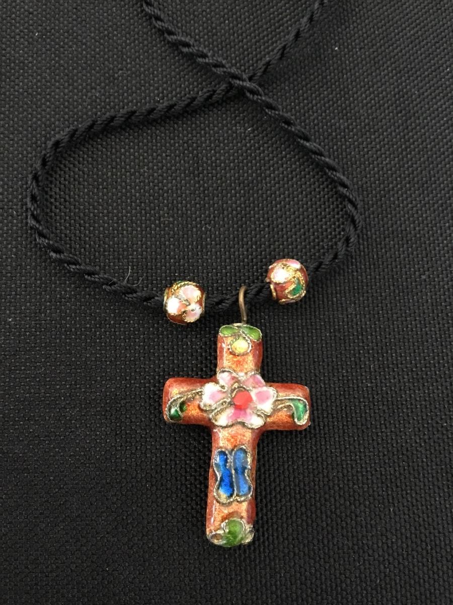 Floral Cloisonne Religious Cross Pendant On Black Rope Necklace ...