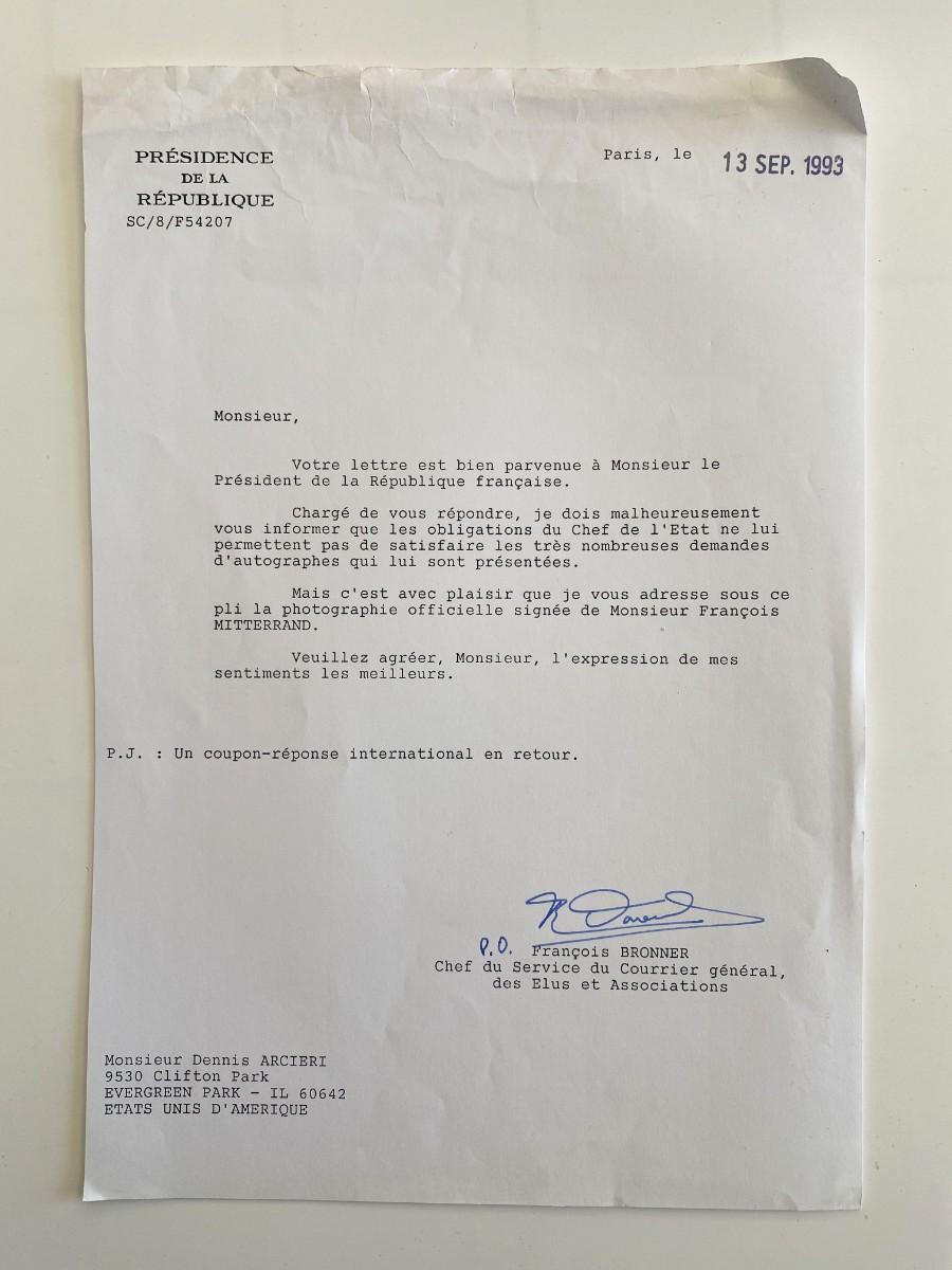 French President François Mitterrand press office signed 1993 letter ...