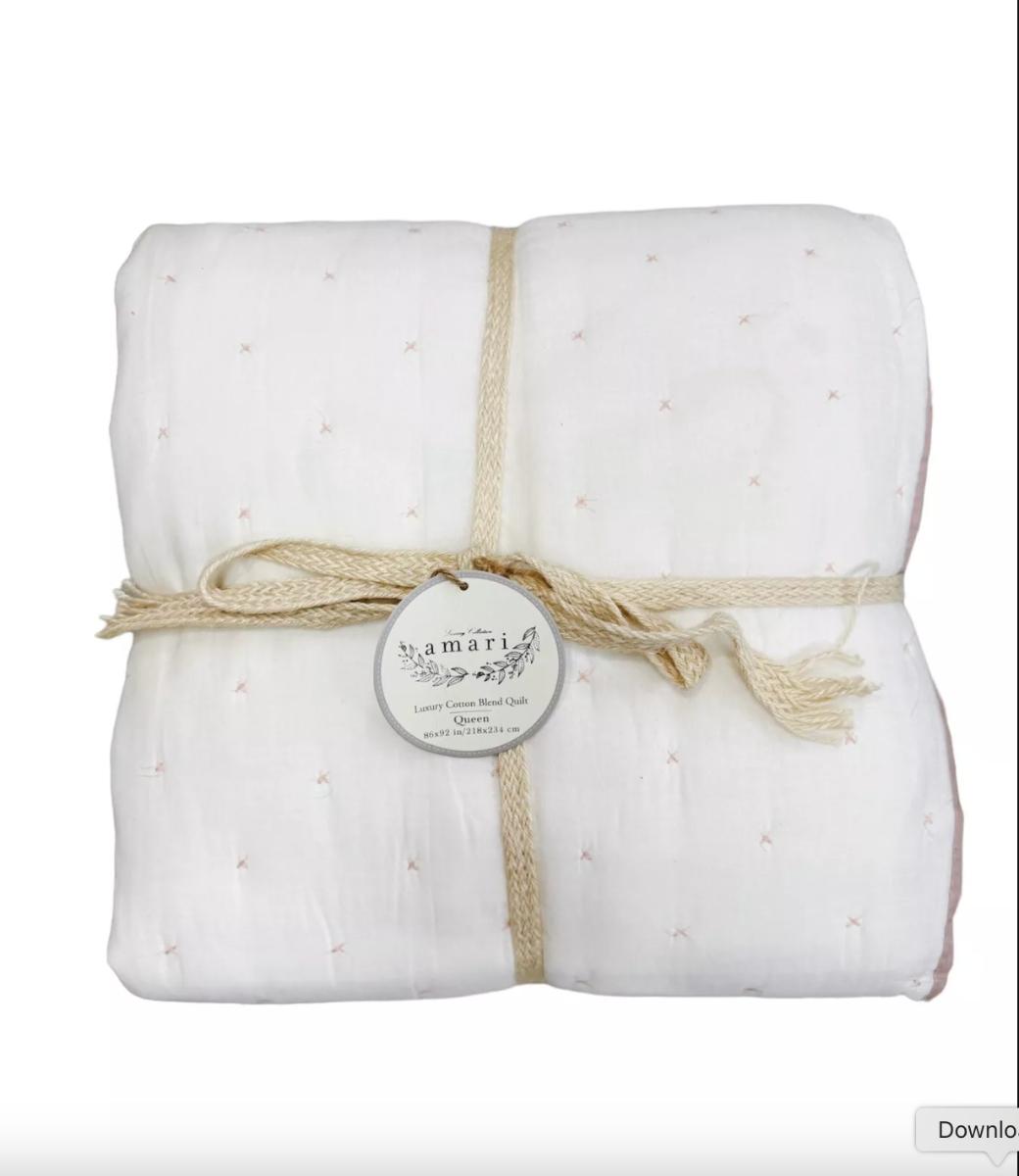 Amari Queen Size Luxury Cotton Blend Quilt White & Blush Pink Cross ...