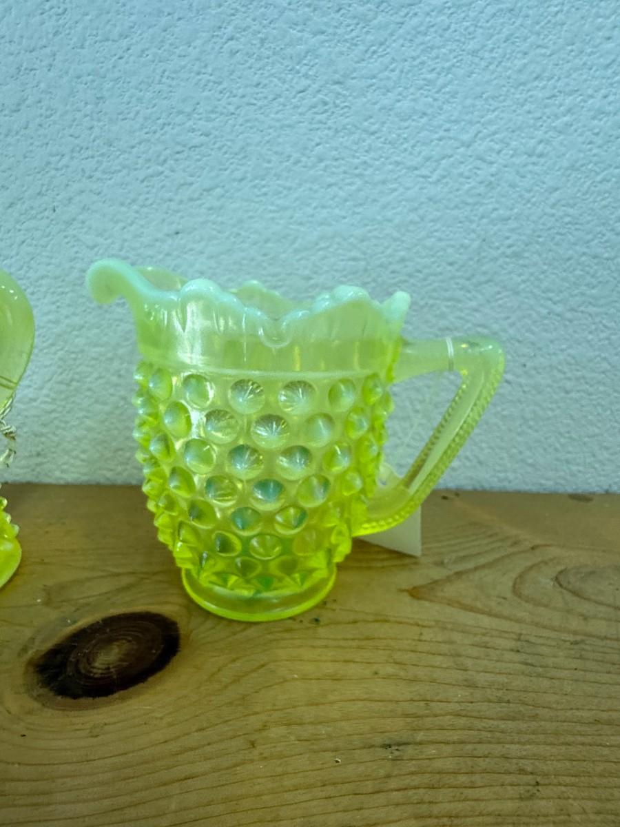 Fenton Topaz Opalescent Hobnail pitcher Vaseline Glass | EstateSales.org