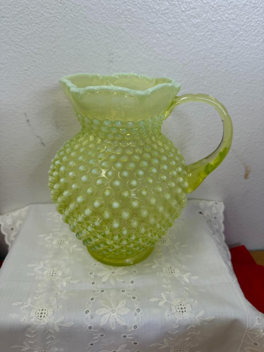 Vintage 5.5" FENTON Topaz Vaseline Opalescent Hobnail Pitcher ...