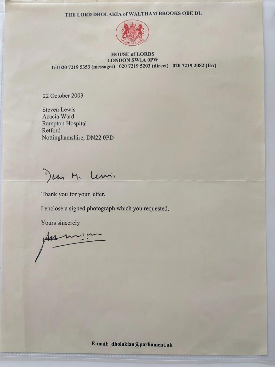 House of Lords Baron Dholakia Signed Letter | EstateSales.org