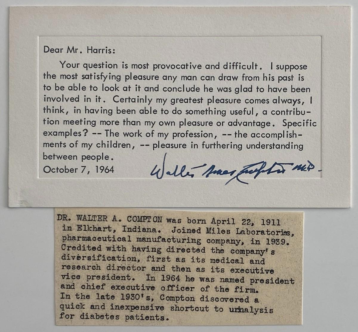 Dr. Walter A. Compton signed note and bio | EstateSales.org