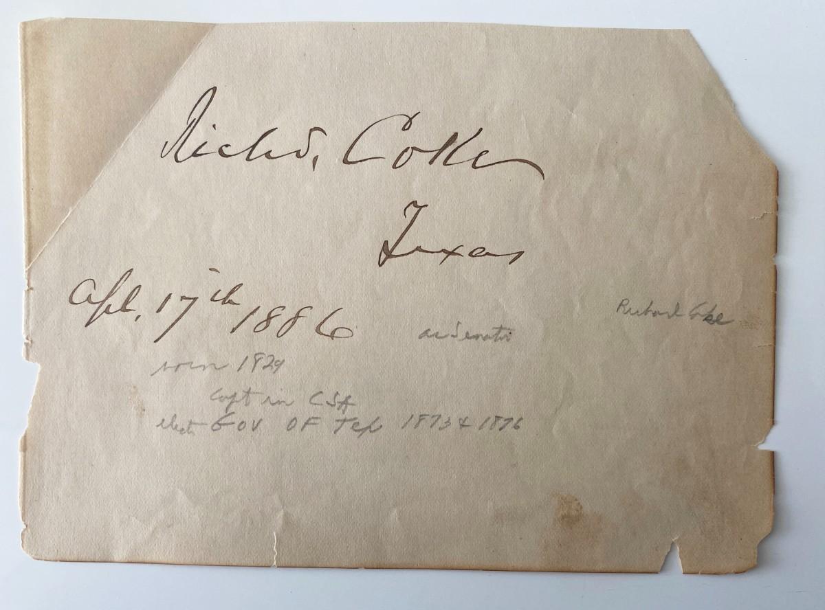 Governor TX Richard Coke signed note | EstateSales.org