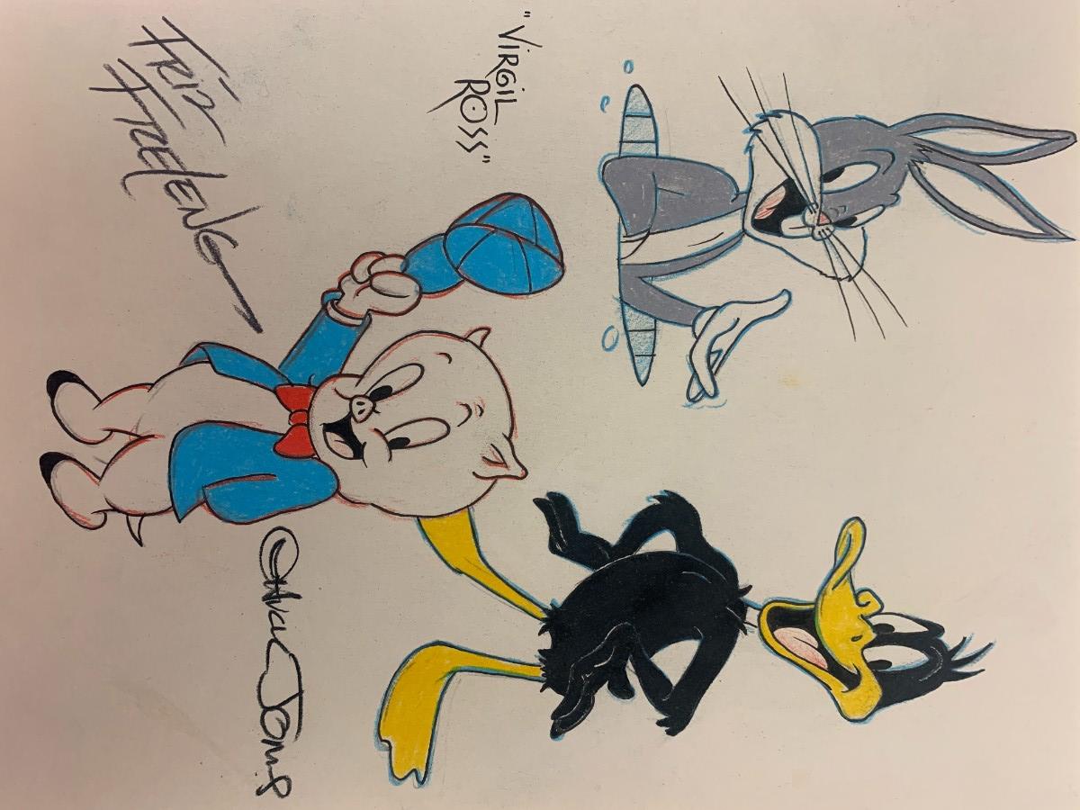 Looney Tunes Sketch signed by Virgil Ross, Chuck Jones and Friz Freleng ...