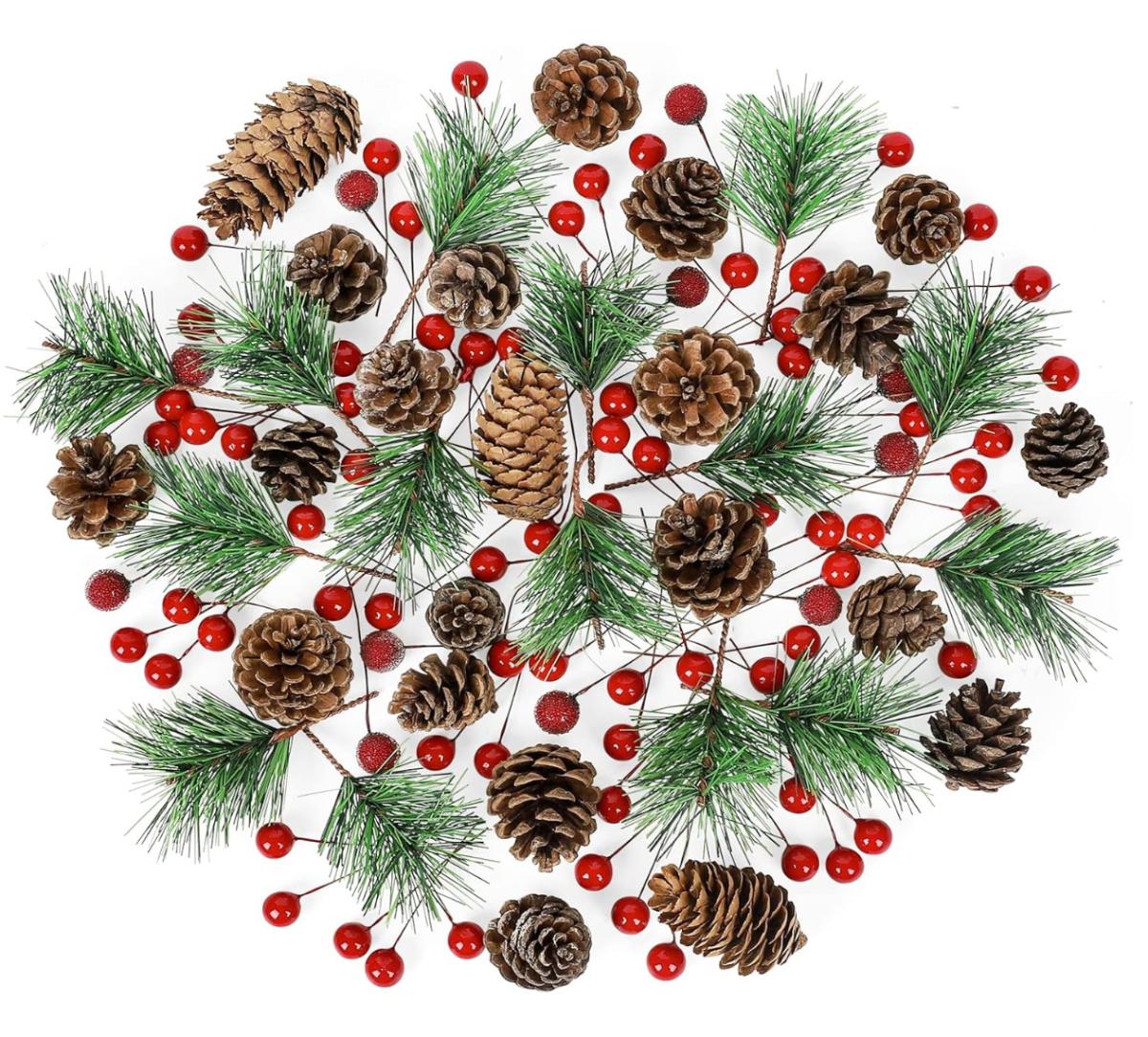 261 Pcs Christmas Wreath Accessories - Artificial Red Berries, Pine ...