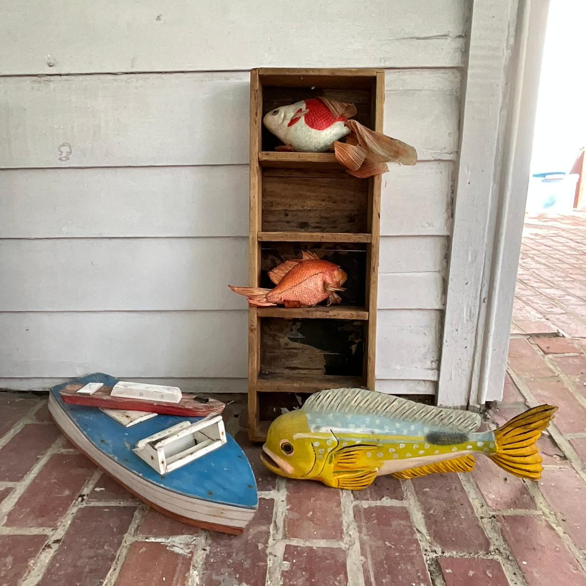 P641 Large Wooden Fish, Two Styrofoam Fish & Fishing Boat | EstateSales.org