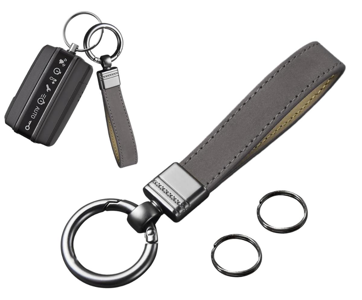 Gray Genuine Leather Keychain, 360 Degree Rotatable Key Fob with 3 ...