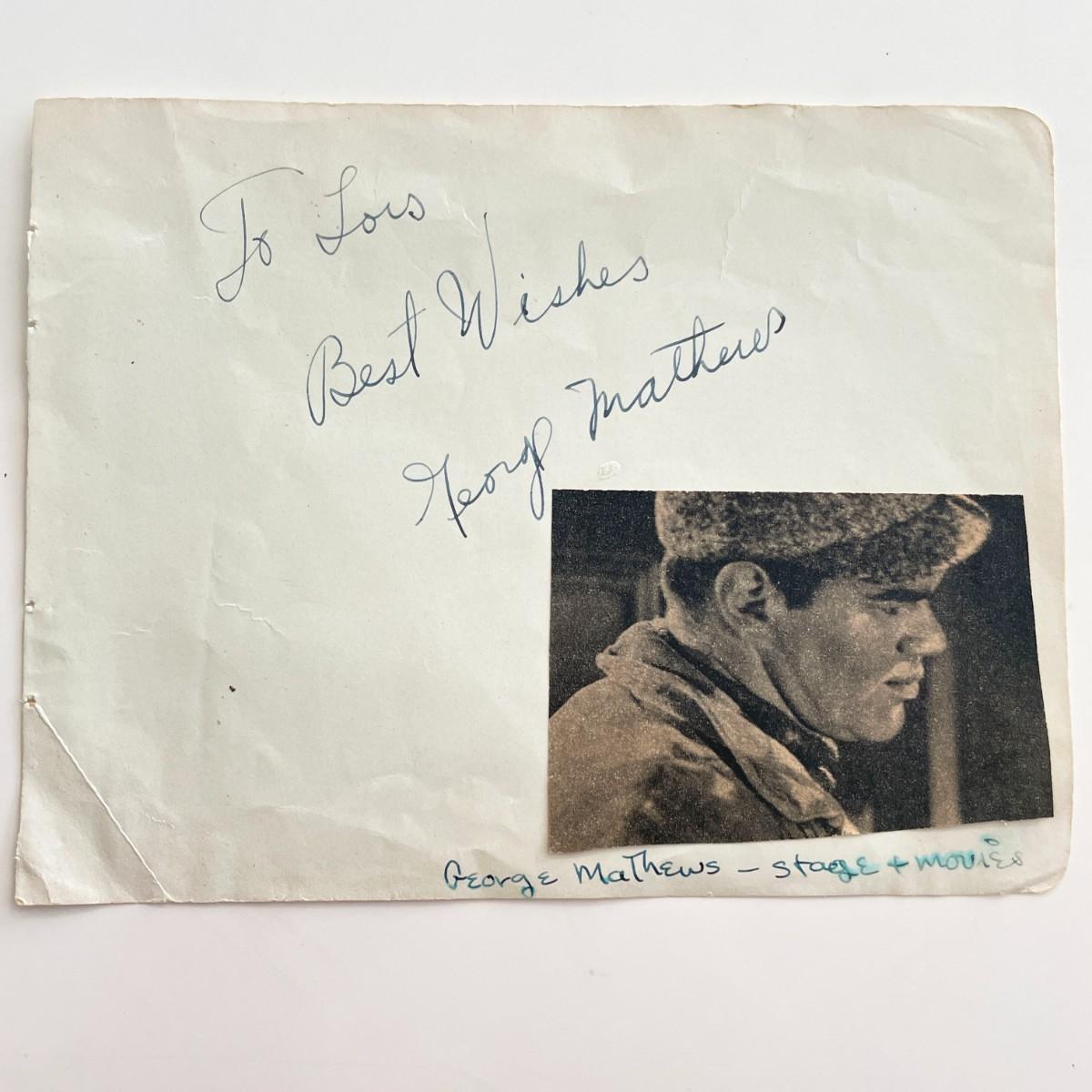 Actor George Mathews signed note with photo | EstateSales.org