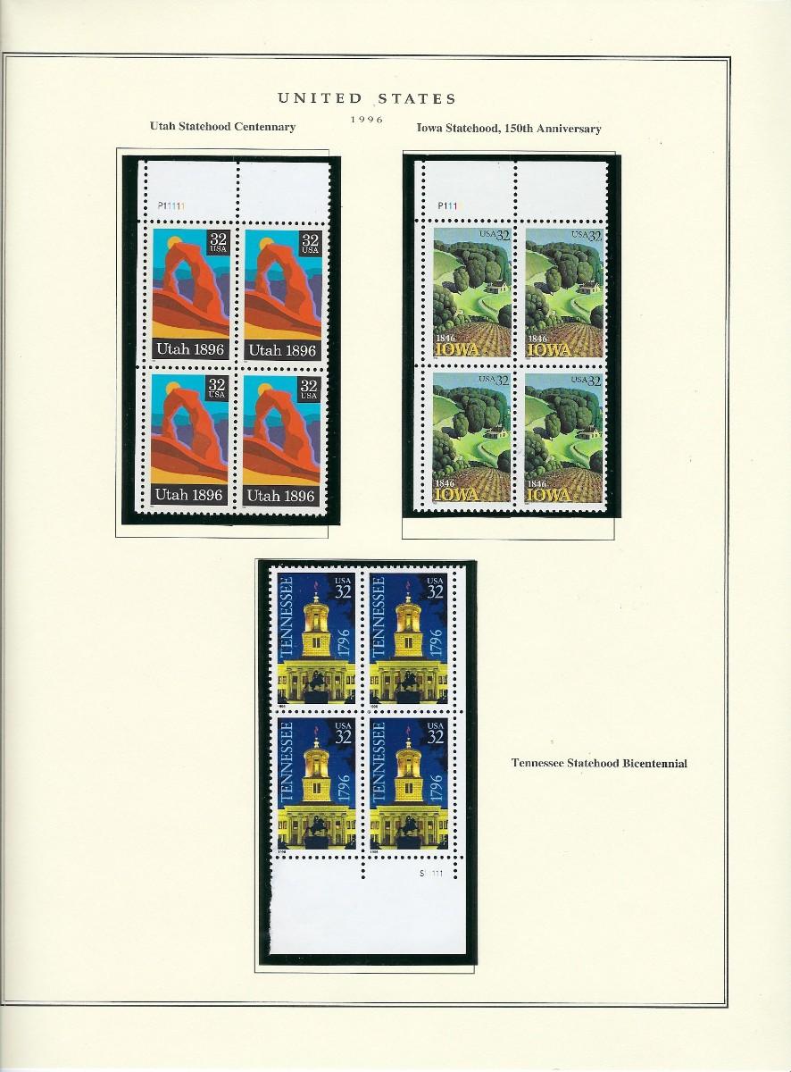 1996 US stamp collector sheet featuring Utah, Iowa and Tennessee ...