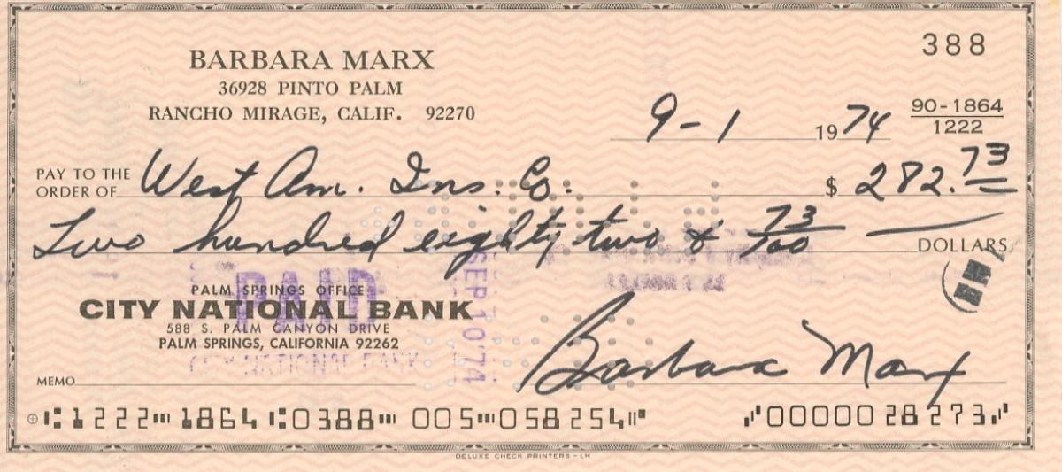 Barbara Marx signed check | EstateSales.org