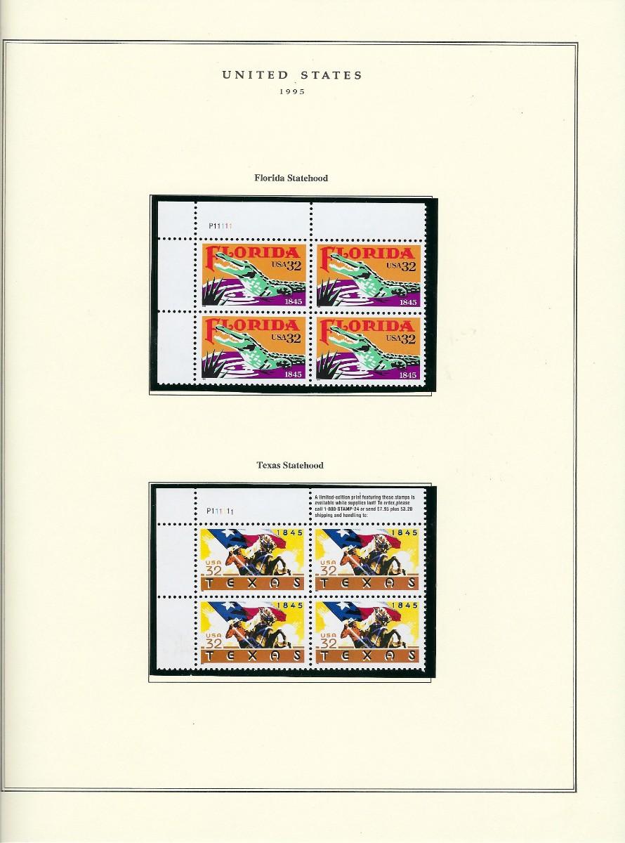 1995 US stamp collector sheet featuring Florida and Texas stamps ...