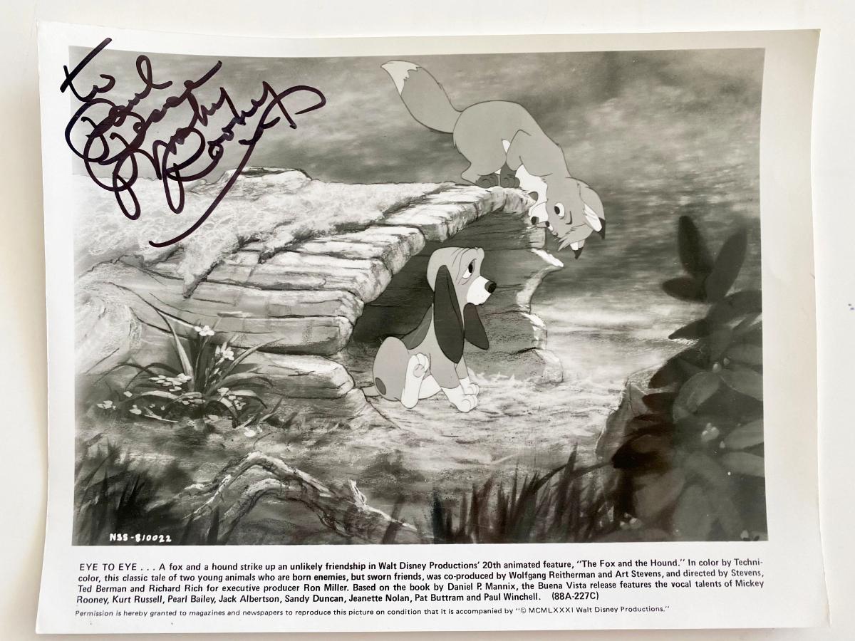 Mickey Rooney signed The Fox and the Hound photo. | EstateSales.org