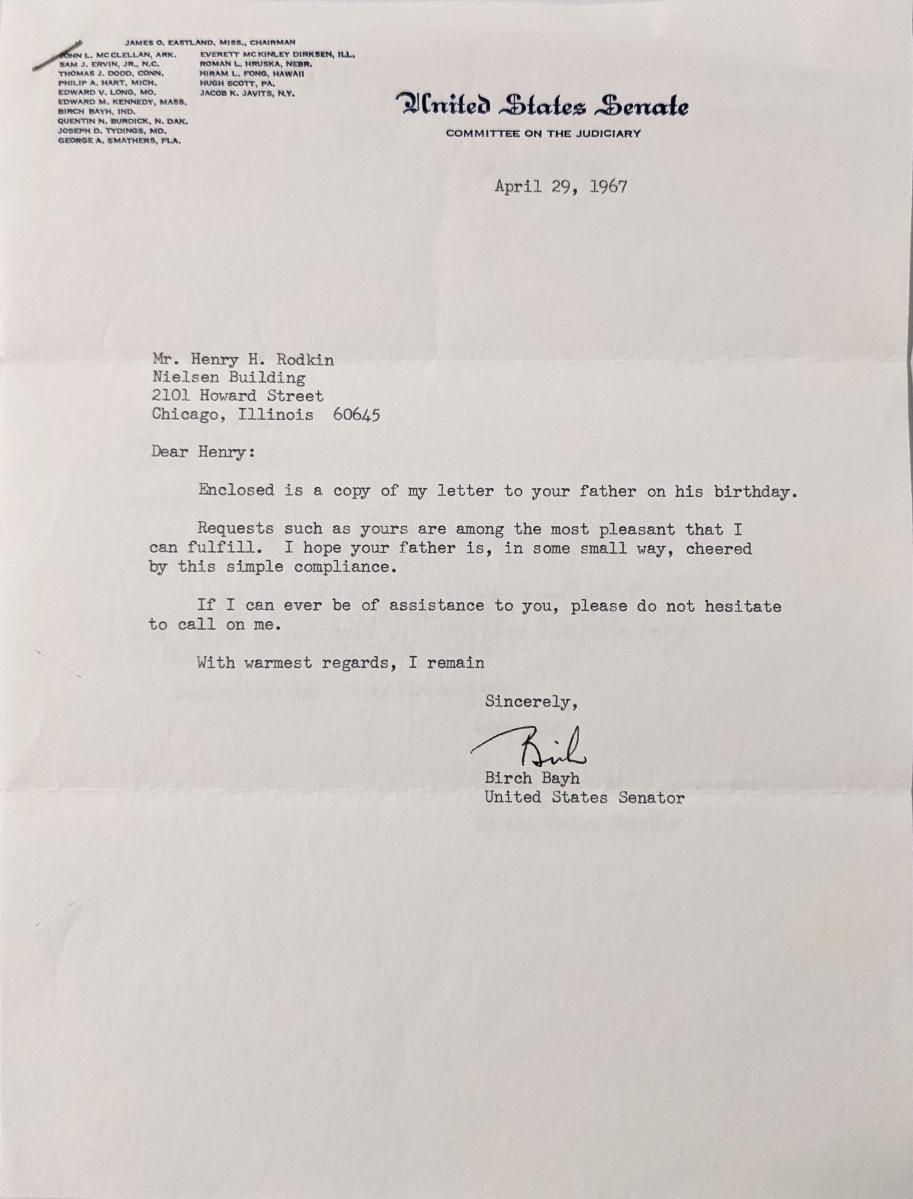 Senator Birch Bayh Signed Letter | EstateSales.org