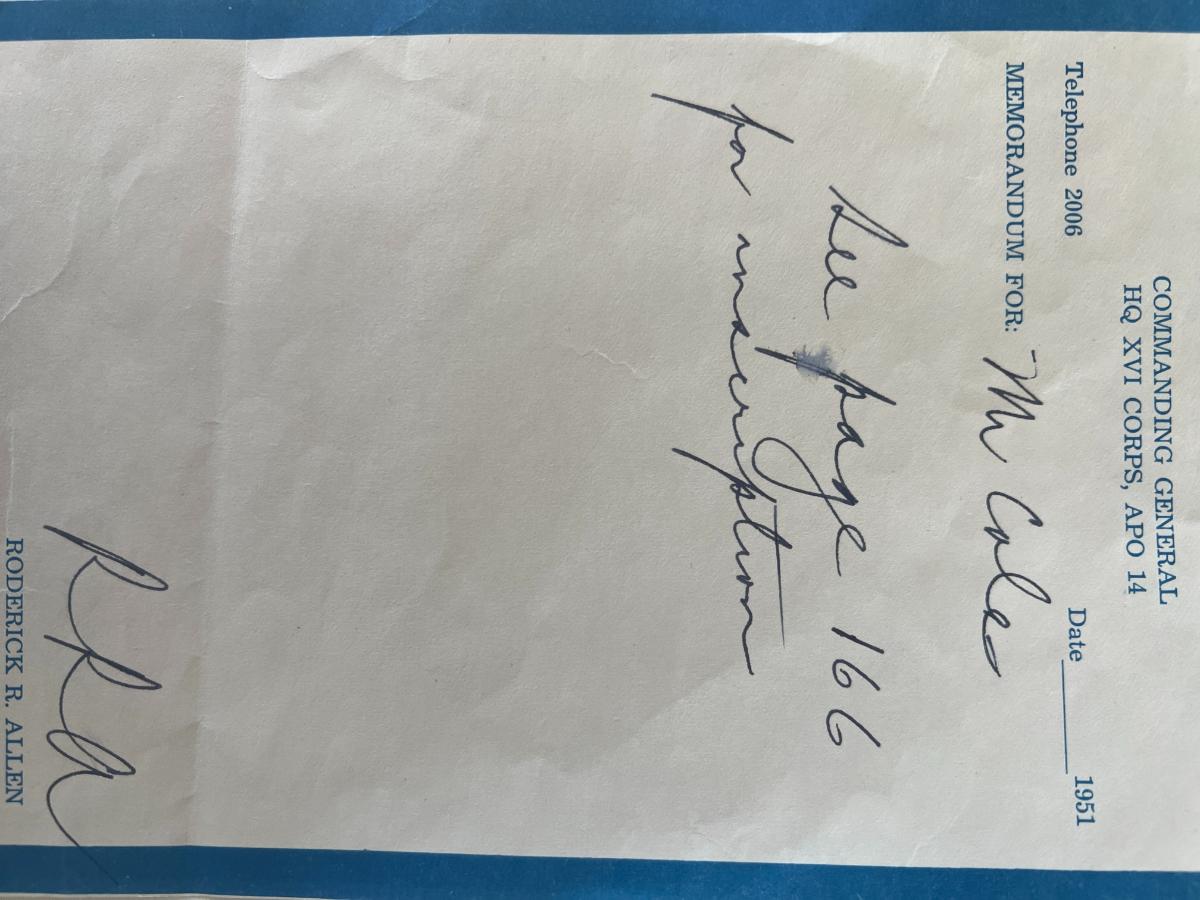 Major General Roderick R. Allen signed note | EstateSales.org
