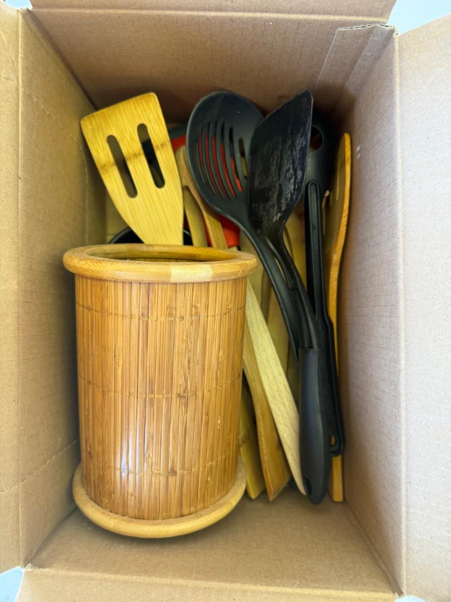 Box of Wooden & Plastic Kitchen Utensils with Bamboo Holder ...