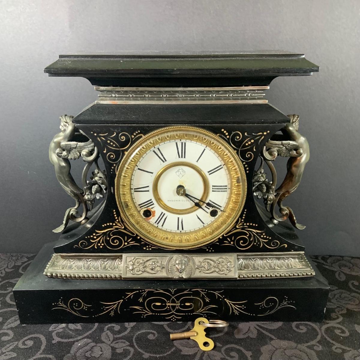 LOT 48: Antique Ansonia Mechanical Mantel Clock with Enamel Face and ...