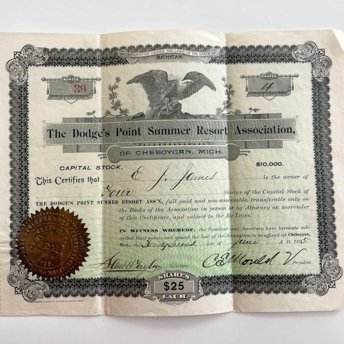 1895 Dodge's Point Summer Resort Association Signed Capital Stock ...