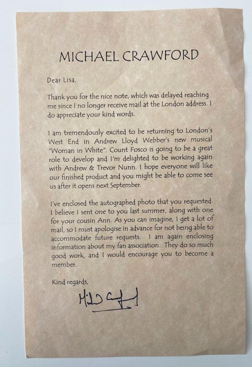 The Phantom of The Opera Michael Crawford signed letter | EstateSales.org