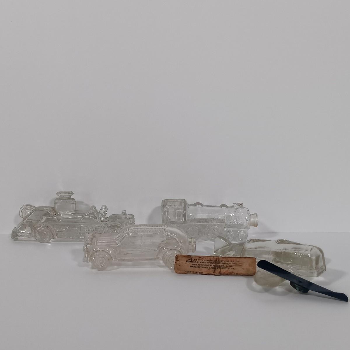 LOT 13: Vintage Glass Candy Containers- Biplane, Train, Fire Engine ...