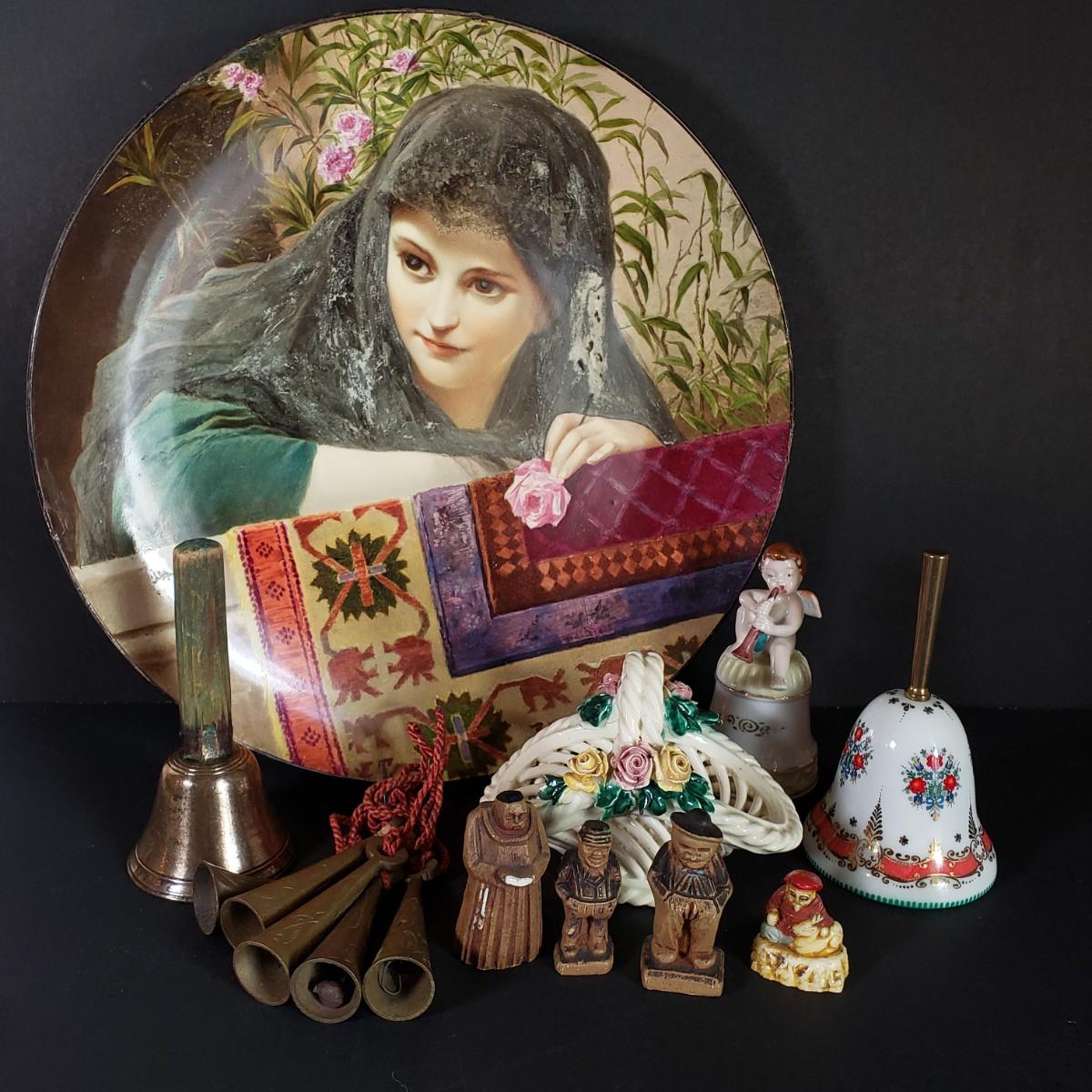 LOT 159L: Beautiful Hand Painted Signed Dish, Winged Angel Bell, Italian Ceramic Basket, and ...