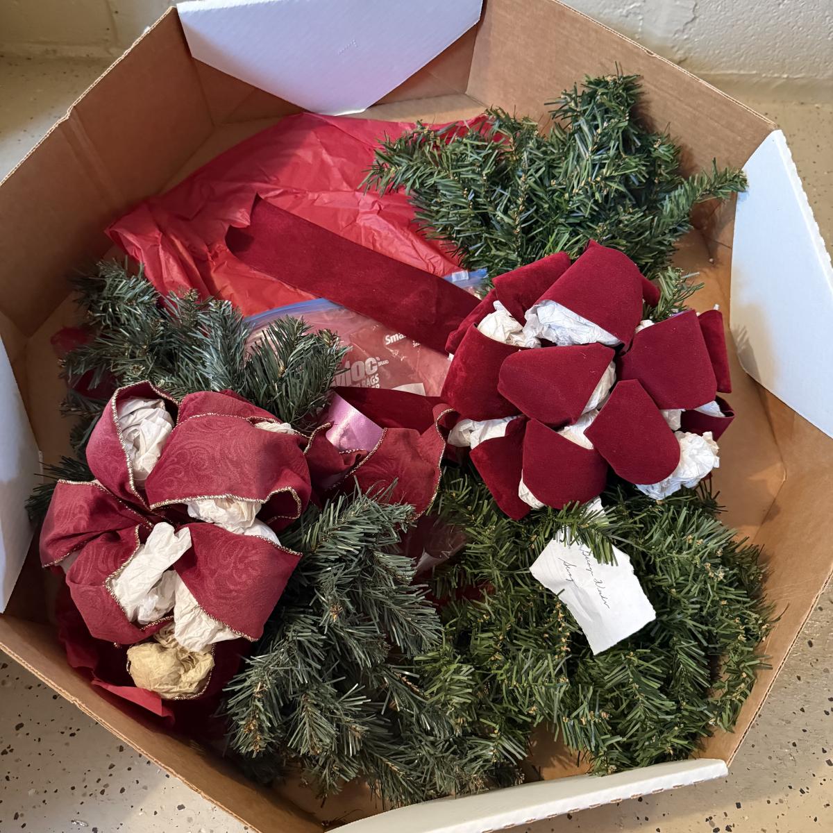LOT 240G: Three Cardboard Wreath Boxes w/ Decor & Wreath | EstateSales.org