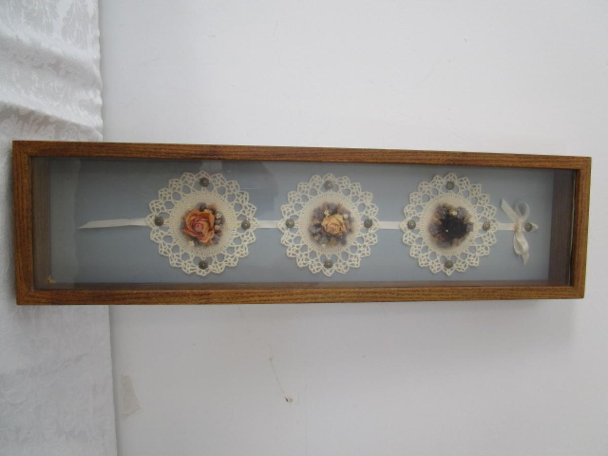Framed shadow box: Three Roses with Doilies | EstateSales.org