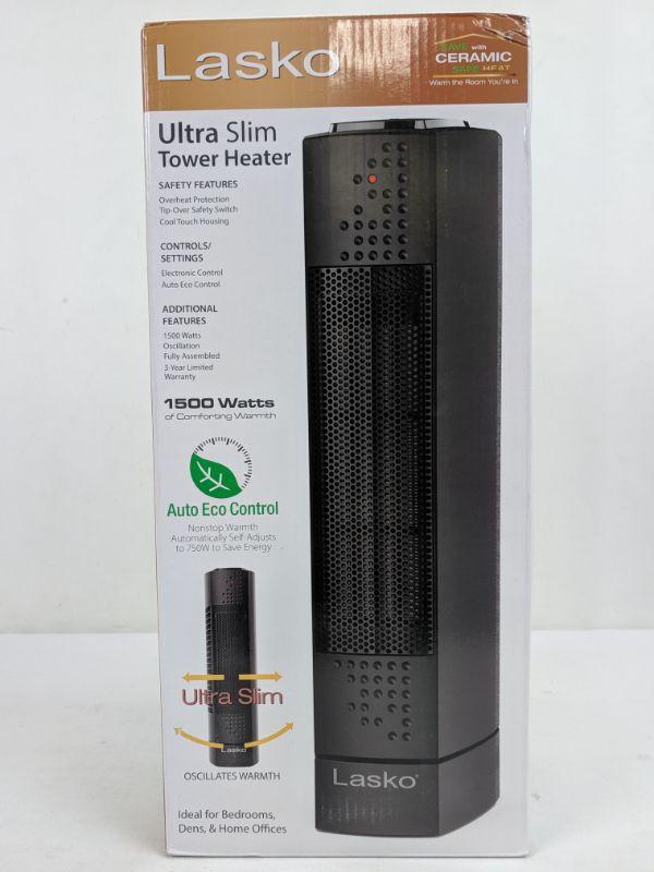 Lasko Ultra Slim Tower Heater, 1500 Watts, Black - New | EstateSales.org Lasko Ultra Slim Tower Heater, 1500 Watts, Black - New | EstateSales.org