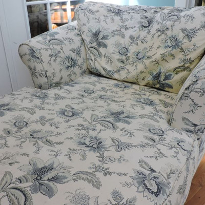 Blue and Cream Jacobean Floral Lounge Chair | EstateSales.org