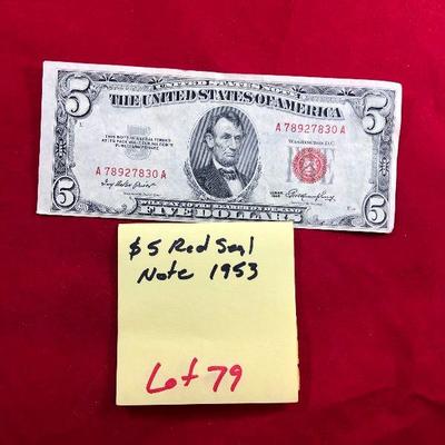 Lot #79 $5 Red Seal 1953 Five Dollar Bill US Currency | EstateSales.org