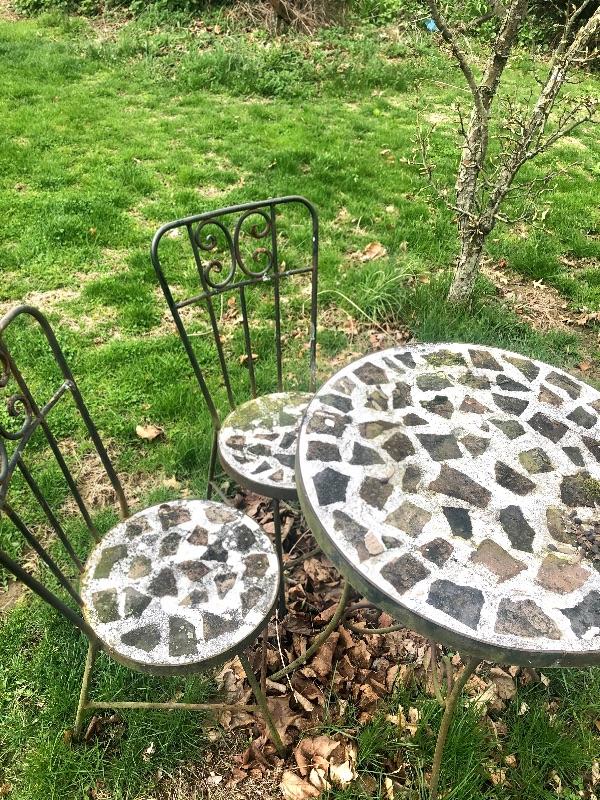 Small outdoor cocktail table with two chairs, iron with tile top ...