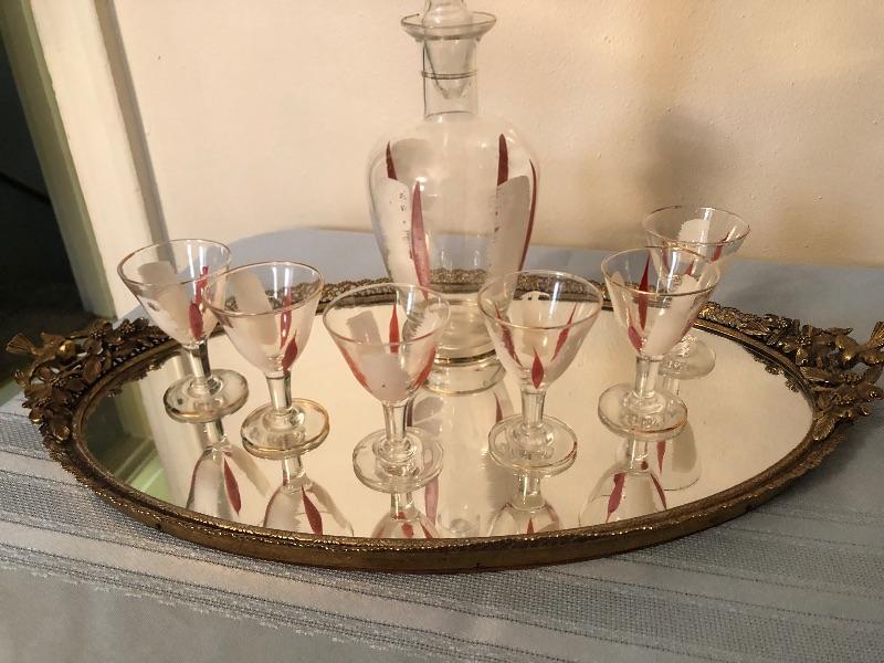 Mid Century Red and White Decanter with 6 Cordials and Brass and ...