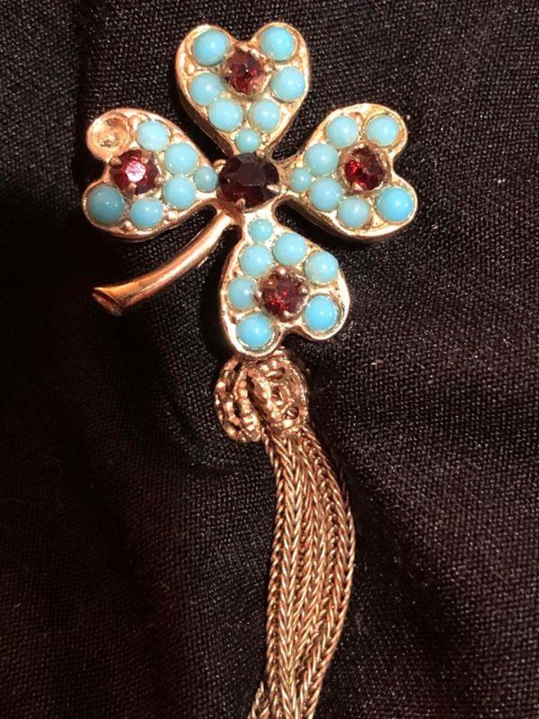 Vintage Rhinestone and Turquoise Four Leaf Clover Brooch | EstateSales.org