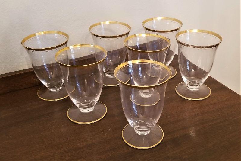 Lot #156 Lot of 7 vintage Gold Rim Water Goblets | EstateSales.org
