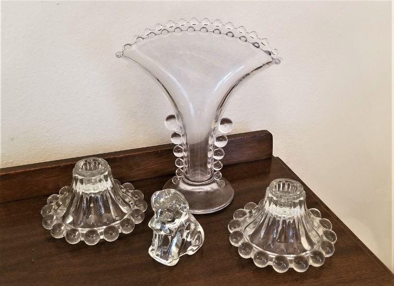 Lot #192 Candlewick Vase, candlestick pair, vintage candy container ...