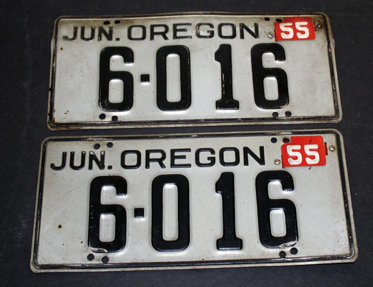 1955 Oregon License plate, original, low number matched pair 6-016 ...